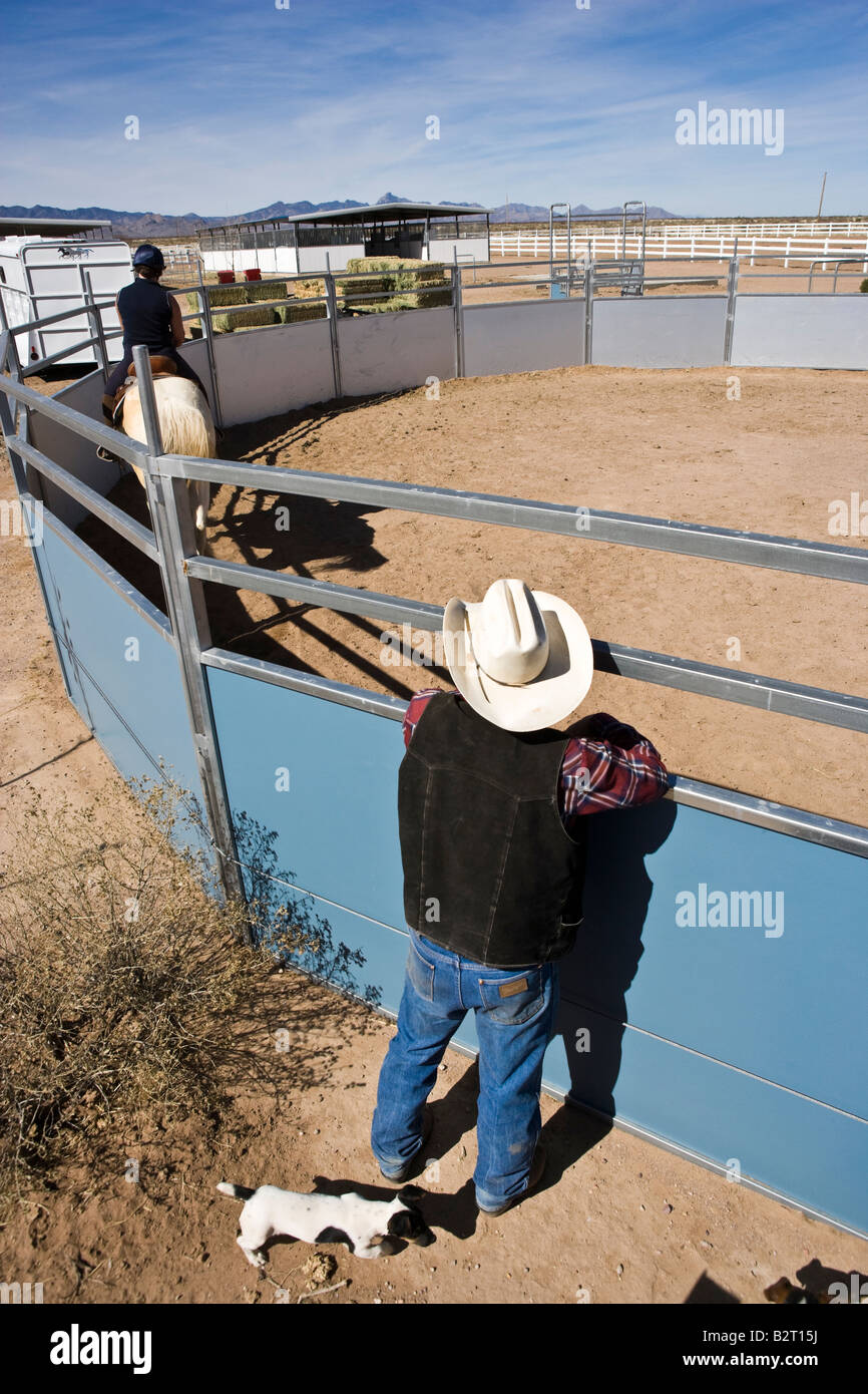 Western style horse schooling with trainer wearing cowboy hat observing ...
