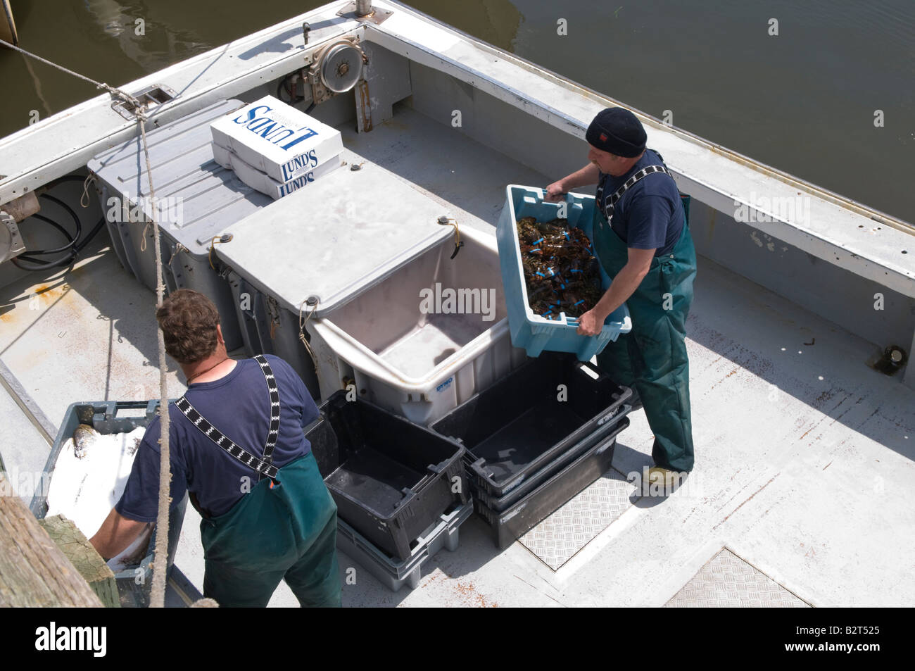 Escuminac Wharf with fishermen unloading lobster traps in New Brunswick ...