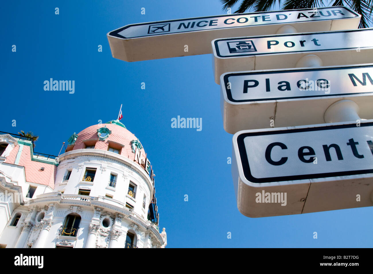 Hotel Negresco and road signs, Promenade des Anglais, Nice, Cote, d ...