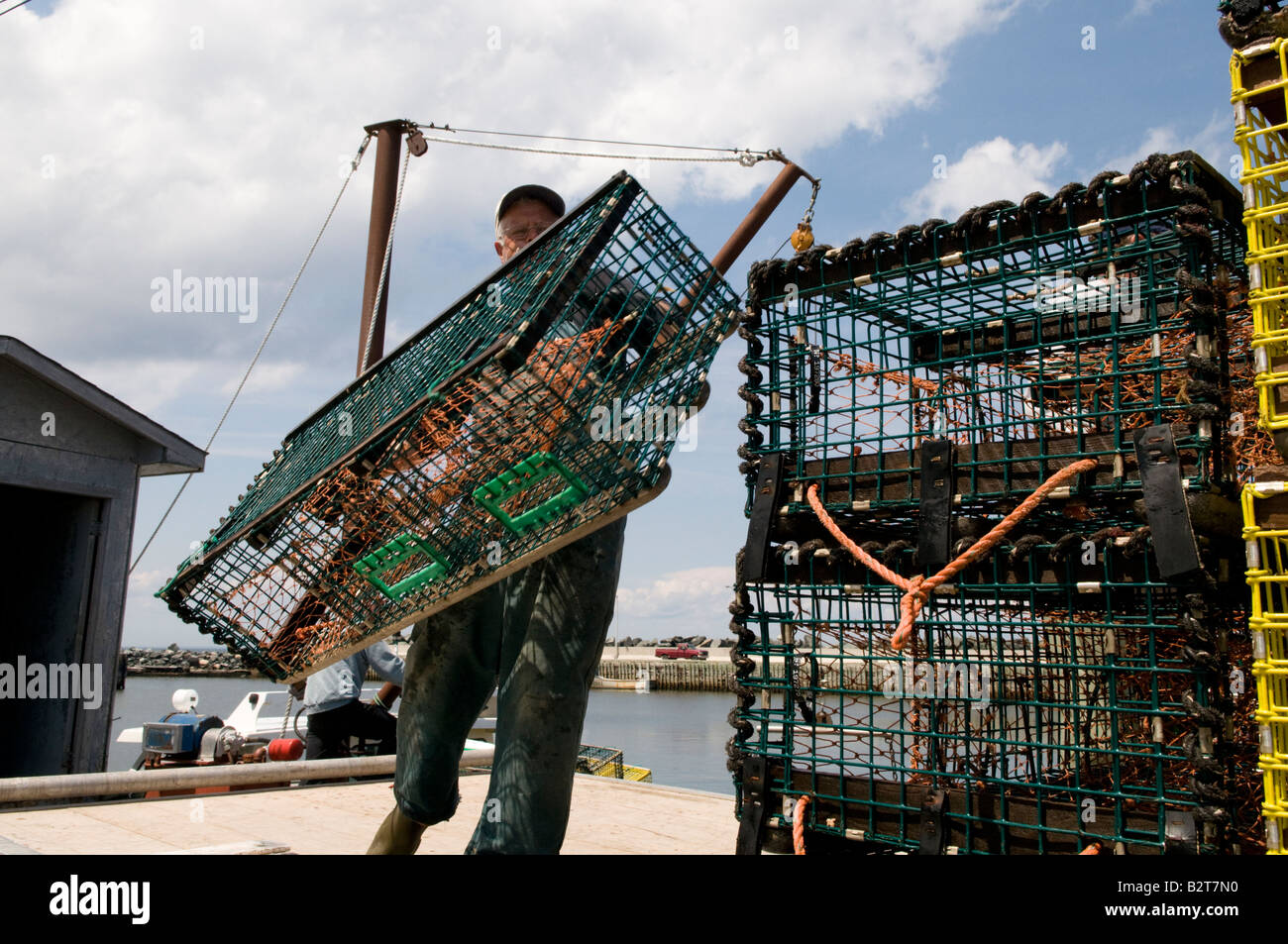 Escuminac Wharf with fishermen unloading lobster traps in New Brunswick ...