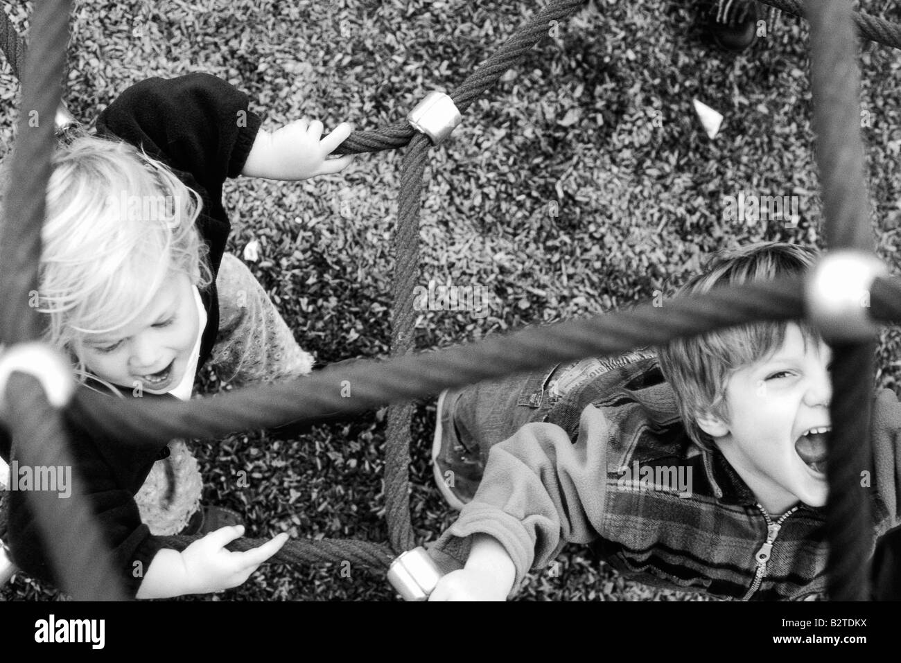 Children playing on ropes, shouting, one looking at camera, overhead ...