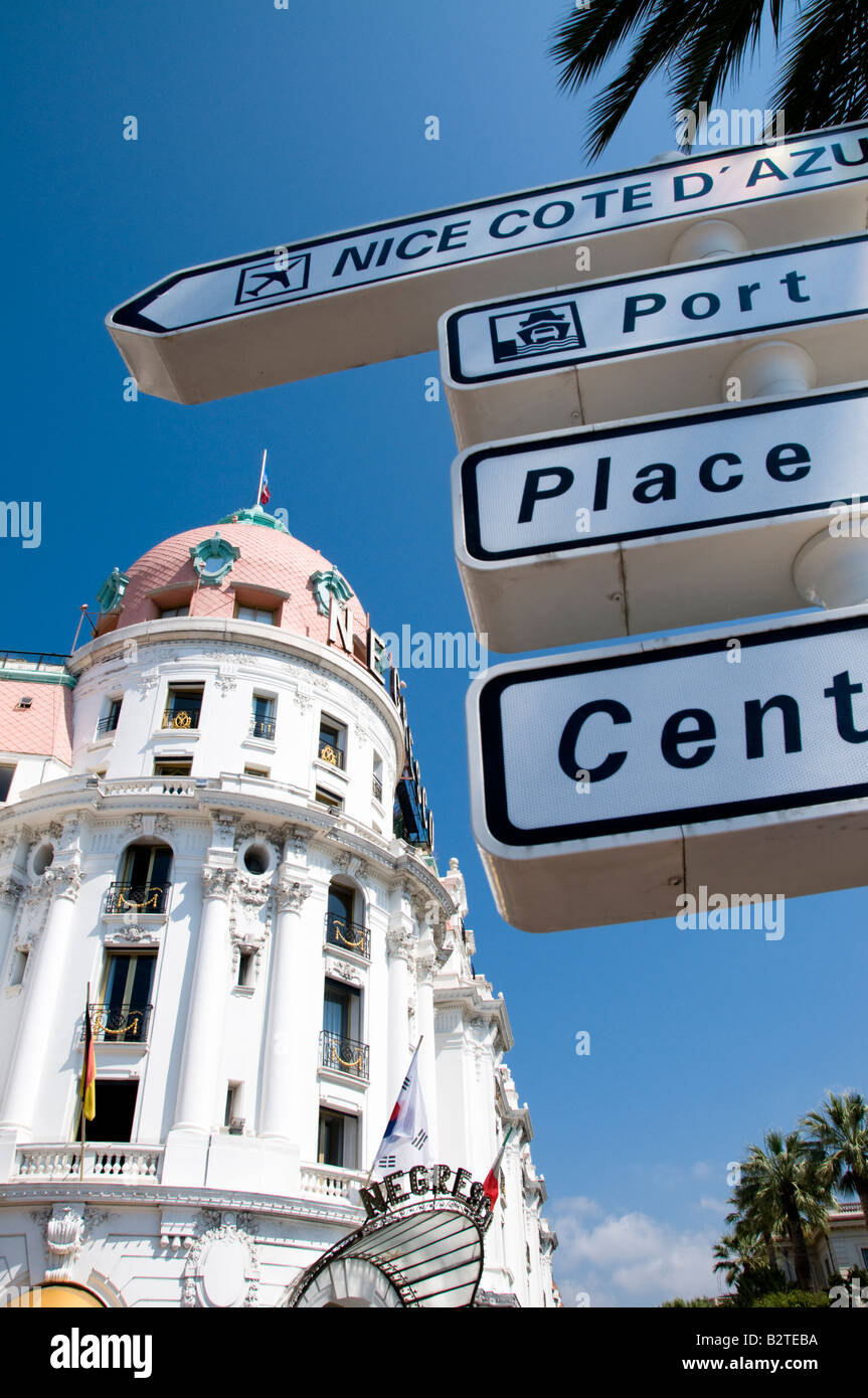 Hotel Negresco and road signs, Promenade des Anglais, Nice, Cote, d ...