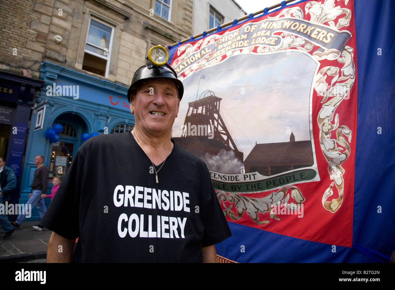 An ex-miner from Greenside Colliery wears a helmet and lamp at the 2008 ...