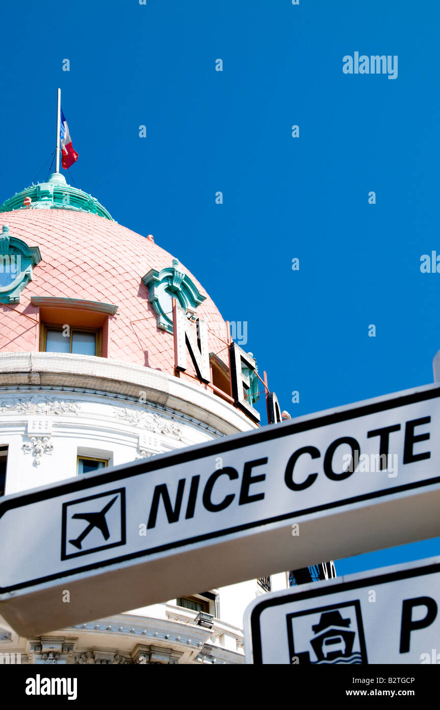 Hotel Negresco and road signs, Promenade des Anglais, Nice, Cote, d ...