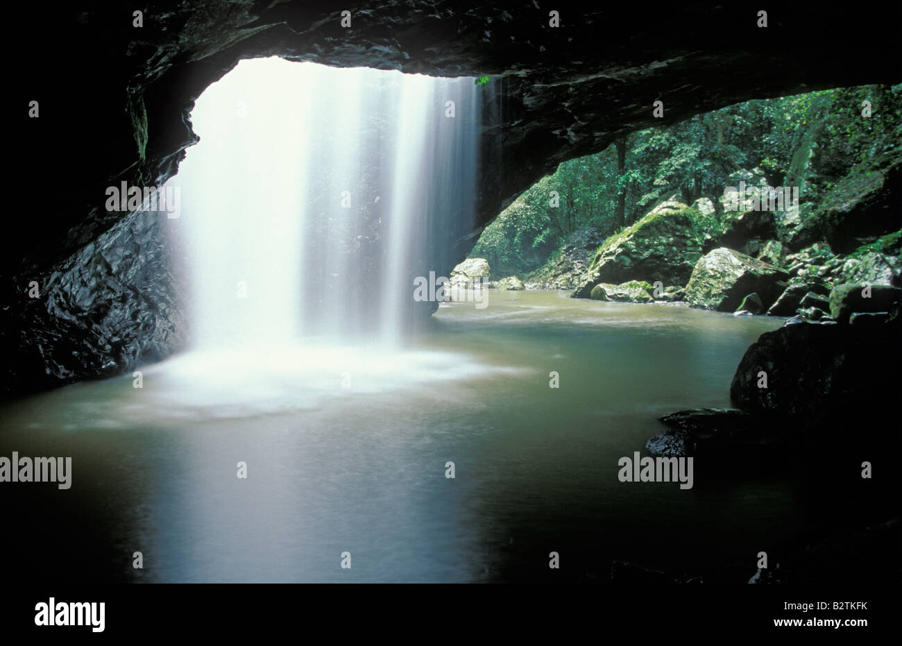 Waterfall in cave entrance Natural Arch Springbrook National Park ...