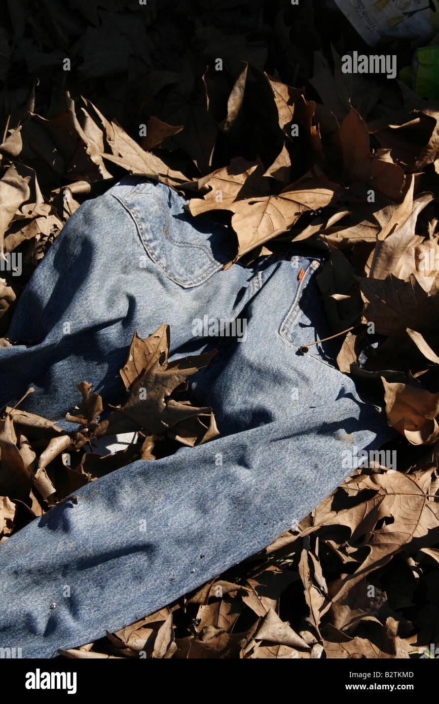 one pair of blue denim jeans trousers pants in undergrowth grass in ...
