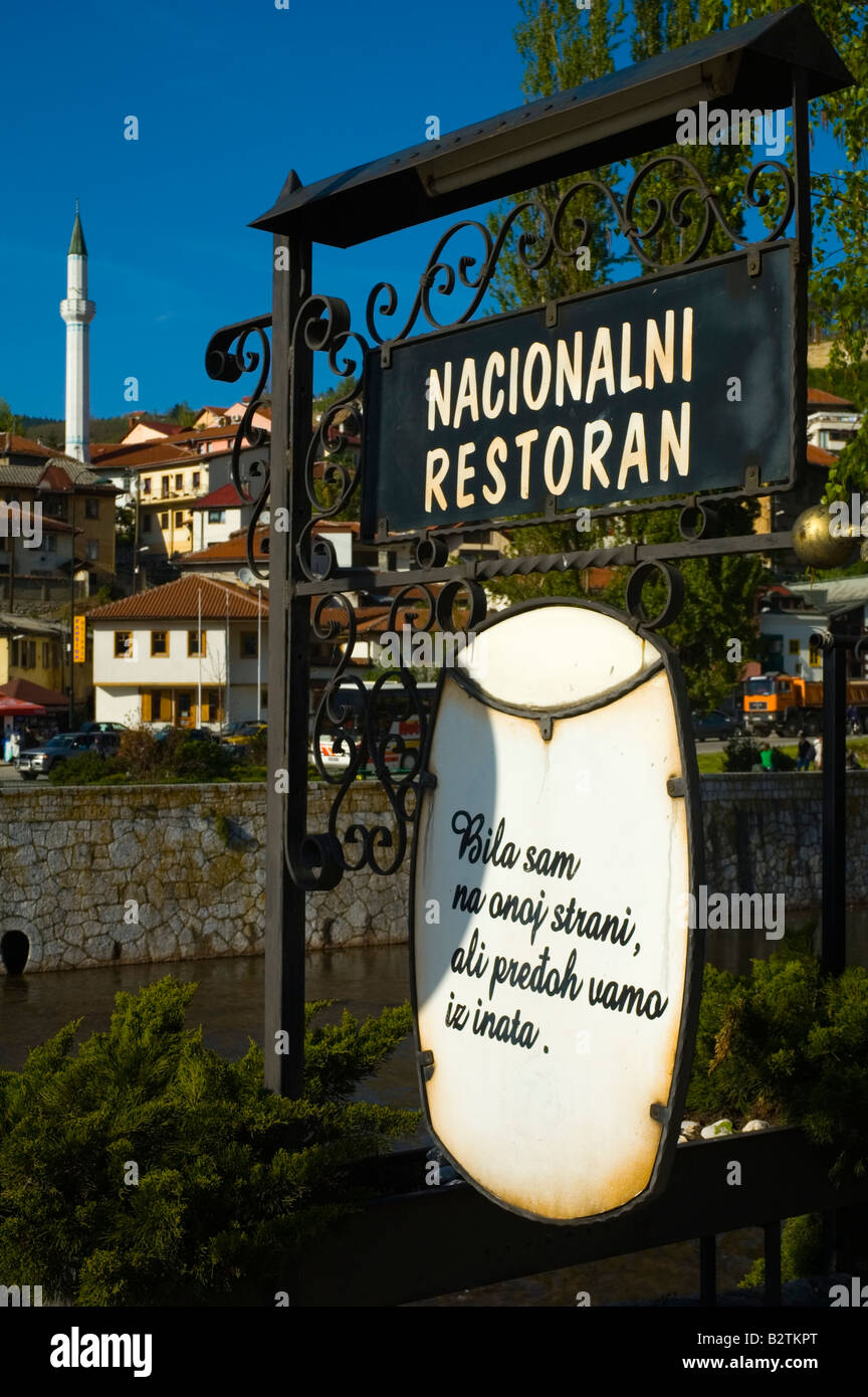 Sign of a restaurant serving traditional Bosnian food in Sarajevo ...