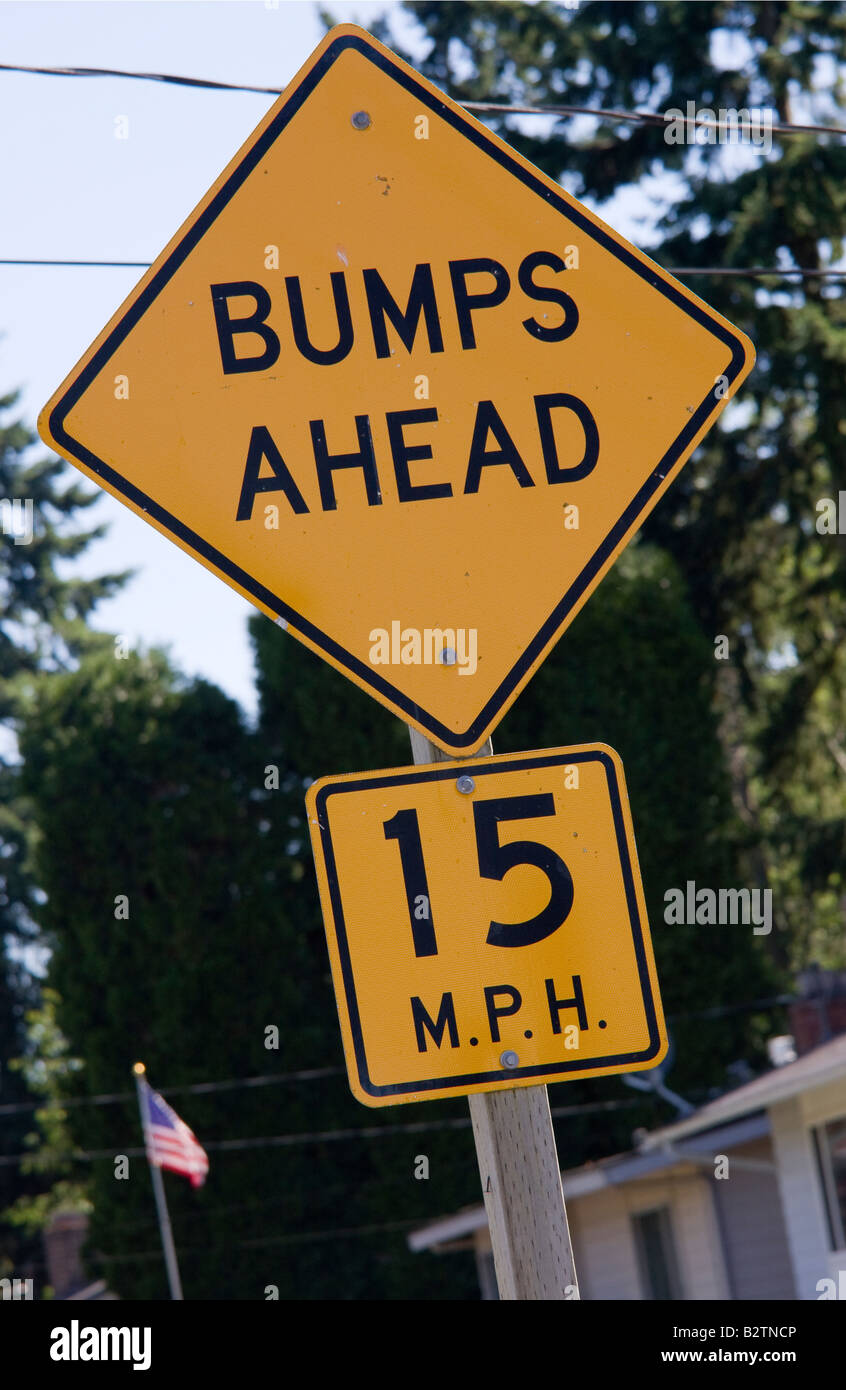Yellow Bumps Ahead road sign 15 MPH Washington WA USA US Stock Photo ...