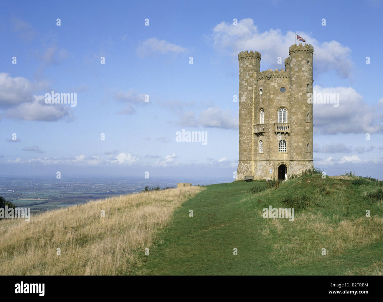 Broadway Tower in Autumn Balconies Ramparts Union Jack flag Castle-like ...