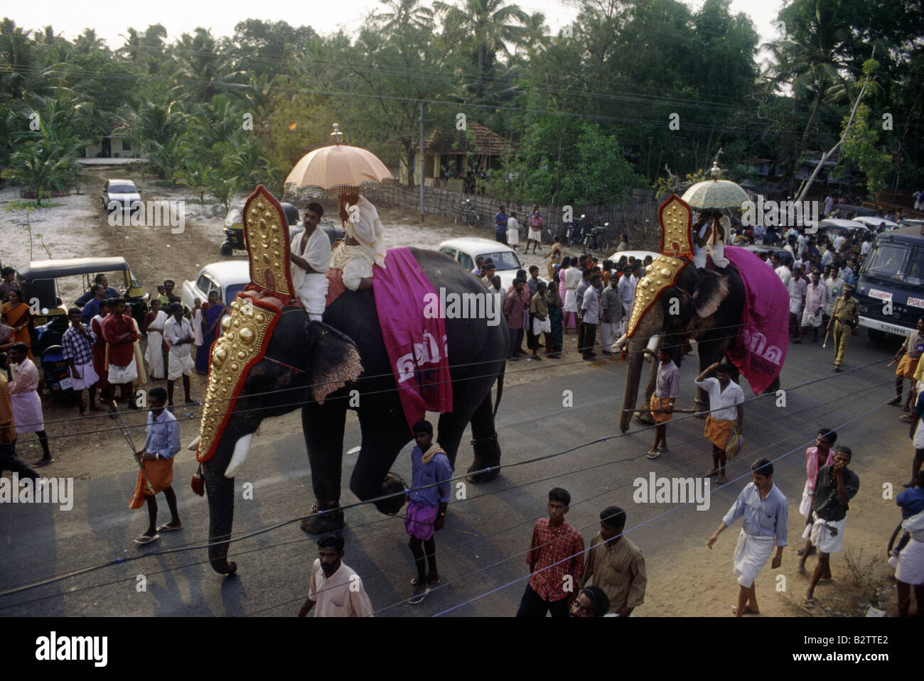 Near Cochin Parade Two large Indian elephants in procession Ridden by ...