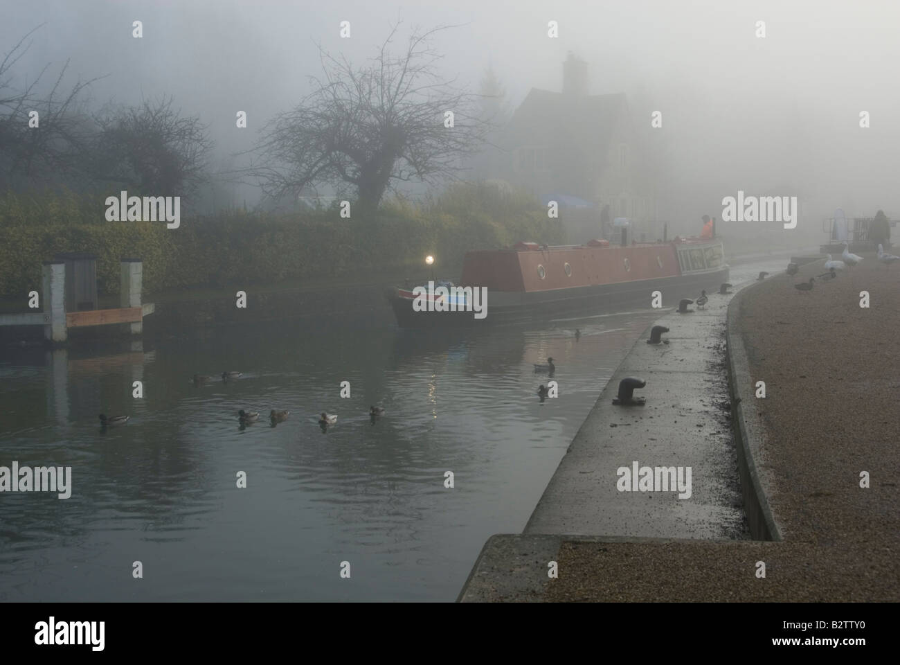 Narrowboat in Thick Fog Sailing Out of Iffley Lock Thames River Oxford ...