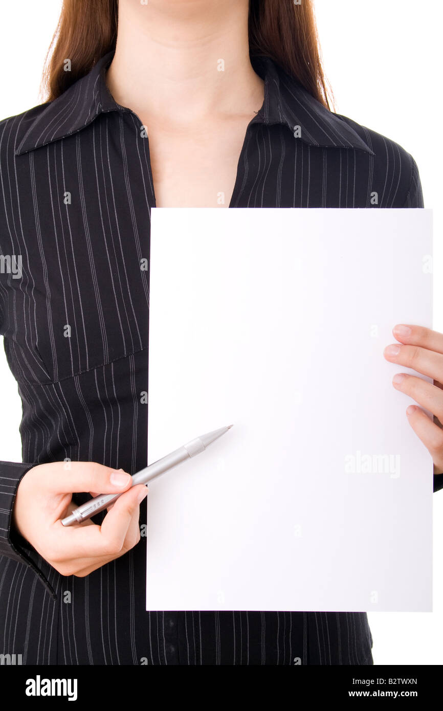 Elegant businesswoman holding a white paper during a presentation Stock ...