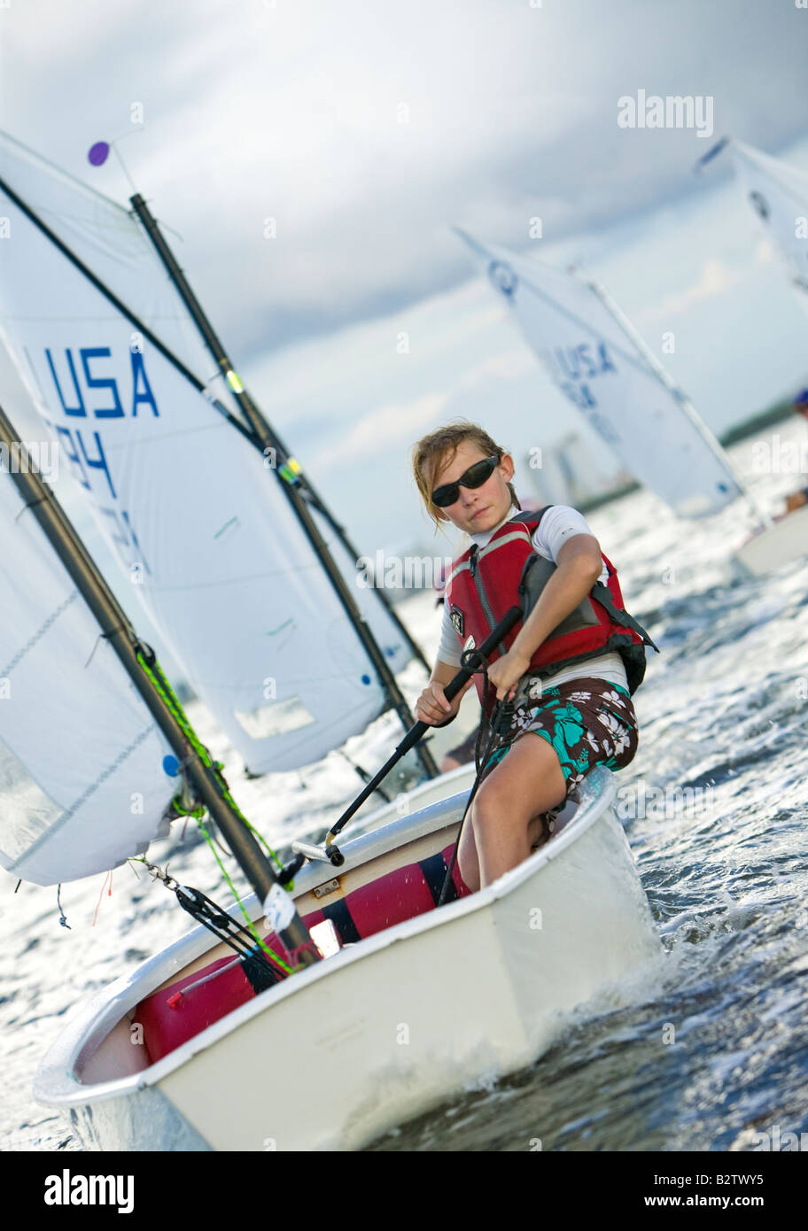 children learning to sail in Optimist Prams on Tampa Bay Florida Stock ...