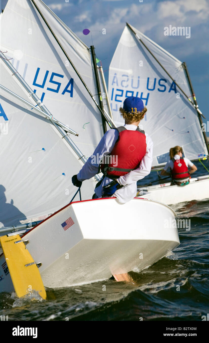 children learning to sail in Optimist Prams on Tampa Bay Florida Stock ...