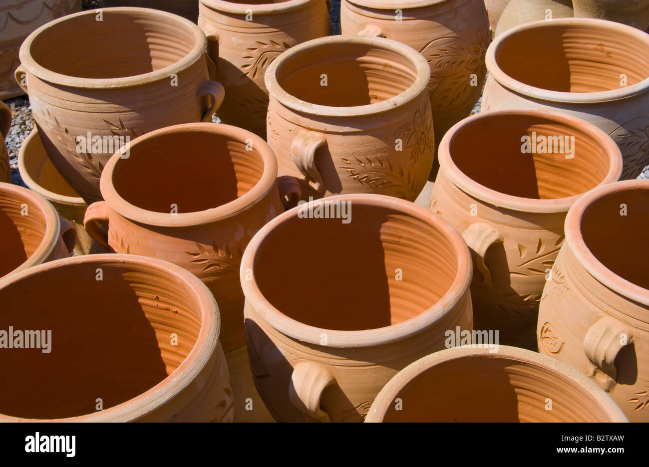 Finished pots for sale at pottery in Thrapsano on the Greek ...