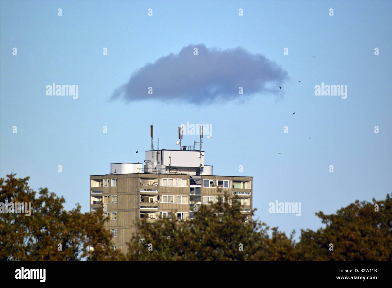 Cloud and birds over high-rise apartment block Stock Photo - Alamy