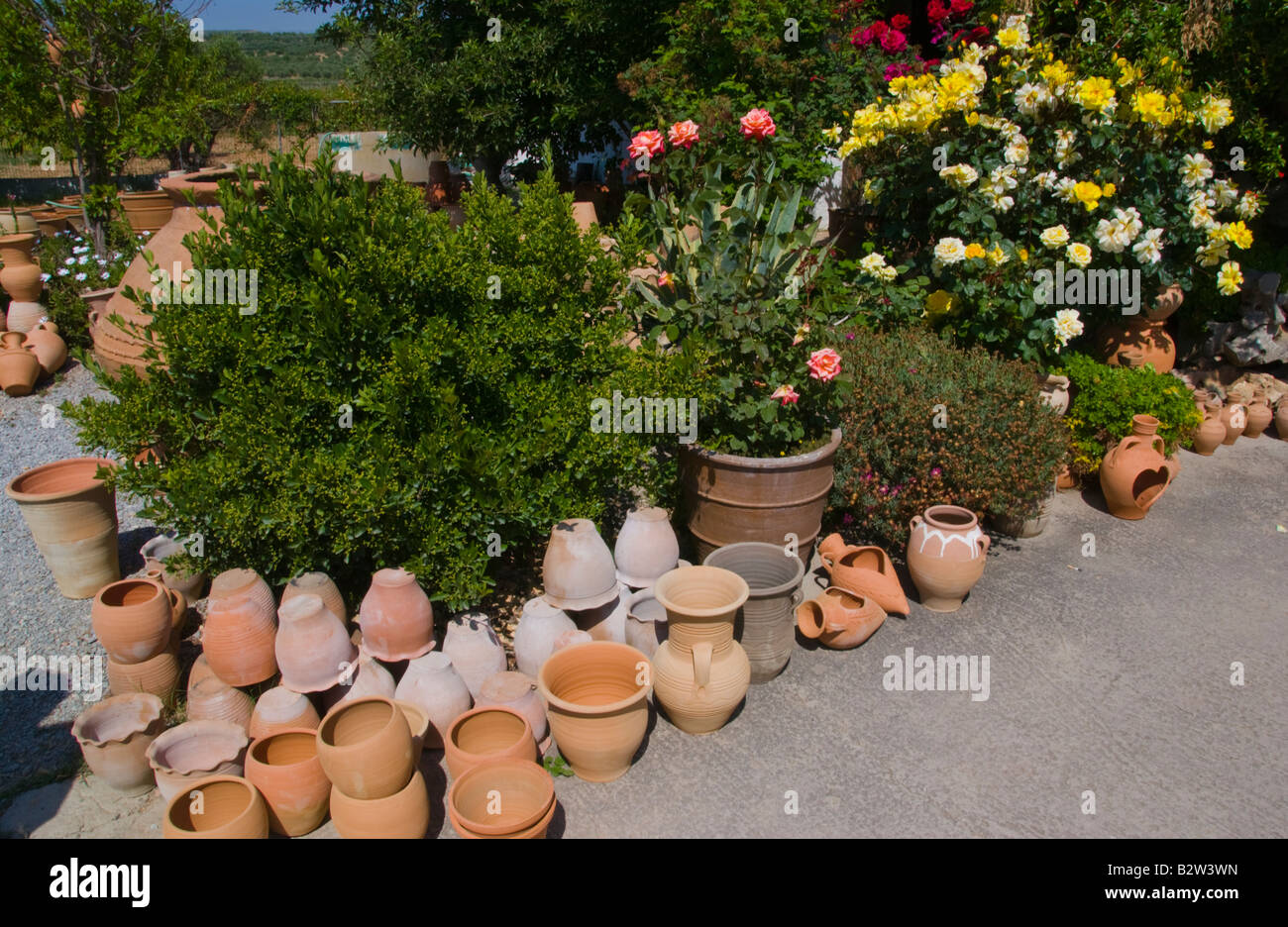 Finished pots for sale at pottery in Thrapsano on the Greek ...