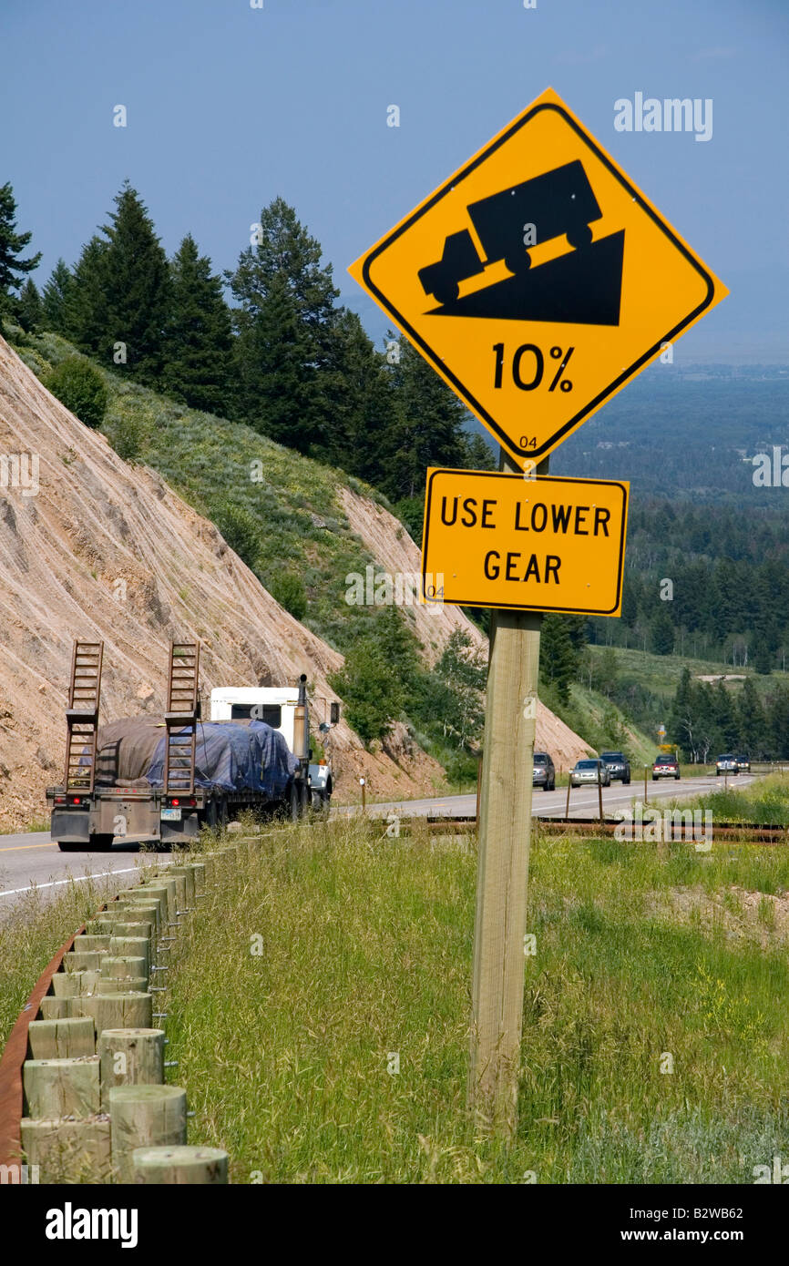 10 grade road sign atop the high mountain Teton Pass on Wyoming Highway ...