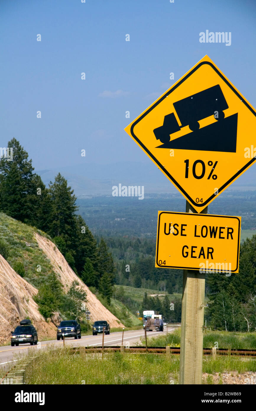 10 grade road sign atop the high mountain Teton Pass on Wyoming Highway ...