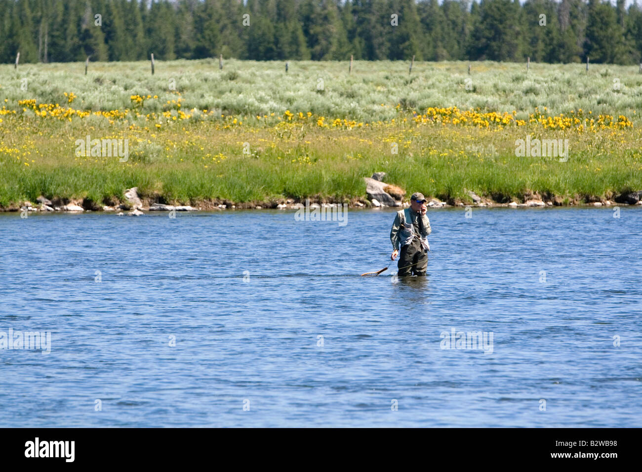 Fly fisherman talking on a cell phone at Last Chance on The Henry s ...