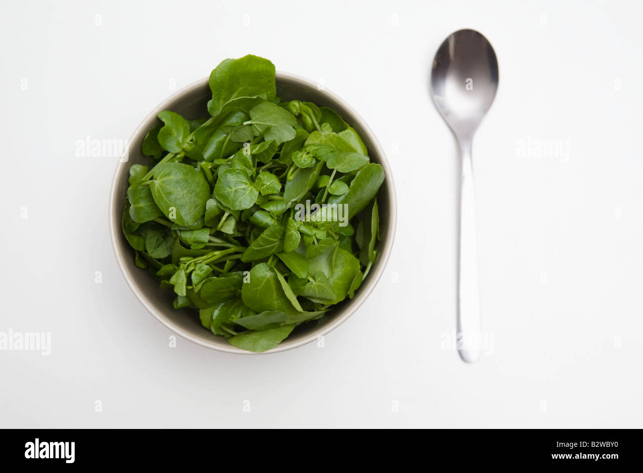 Bowl of spinach and watercress and a spoon Stock Photo - Alamy