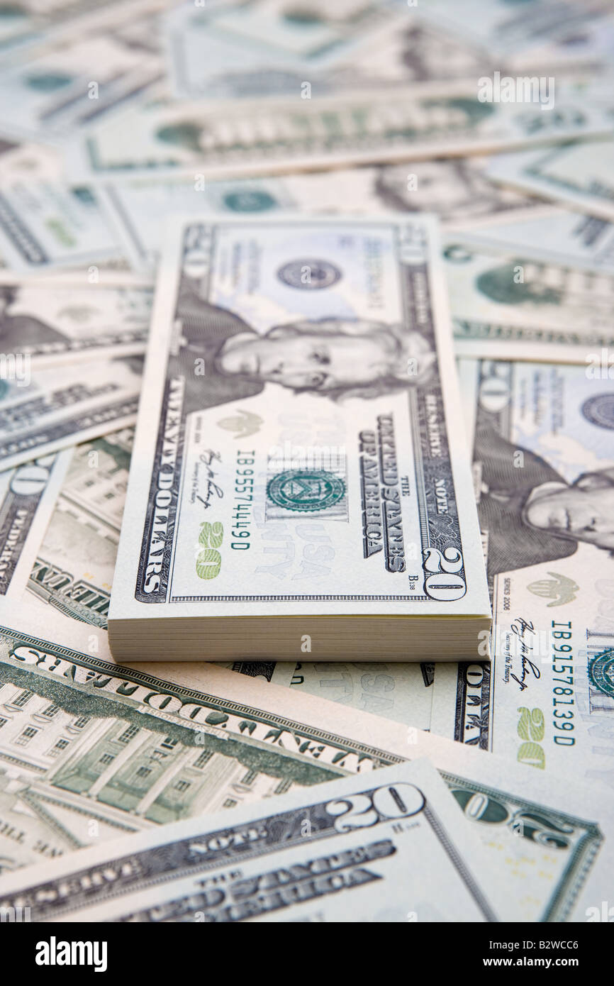 Stack Of 20 Dollar Bills Two Bands In The Middle