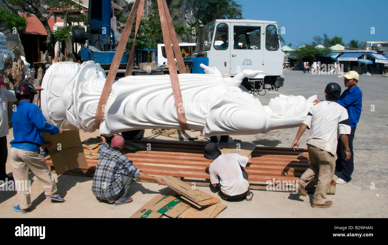 Giant Lady Buddha statue loaded onto palette for export Marble Mountain ...