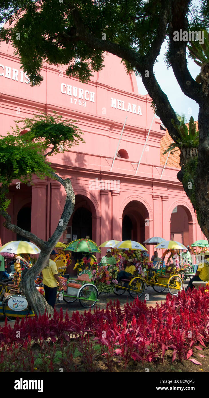 Tourist rickshaws outside colonial Christ Church Dutch Square Malacca ...