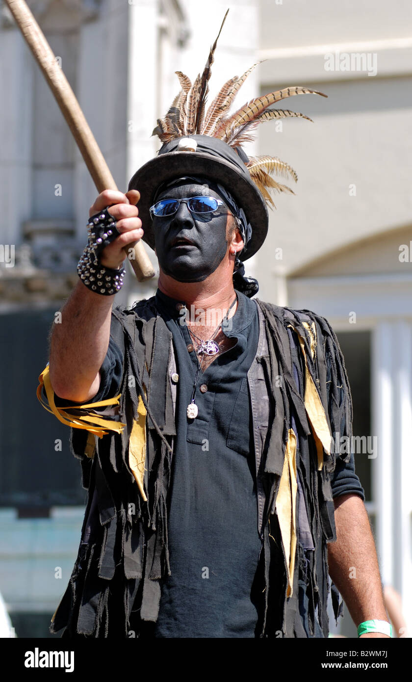 Black faced mummer dancing at Warwick Folk Festival 2008 UK Stock Photo ...