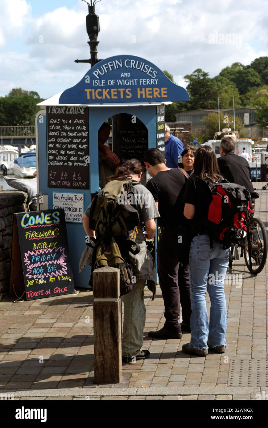 Lymington town quay boat trip tourists at booking office Hamshire ...