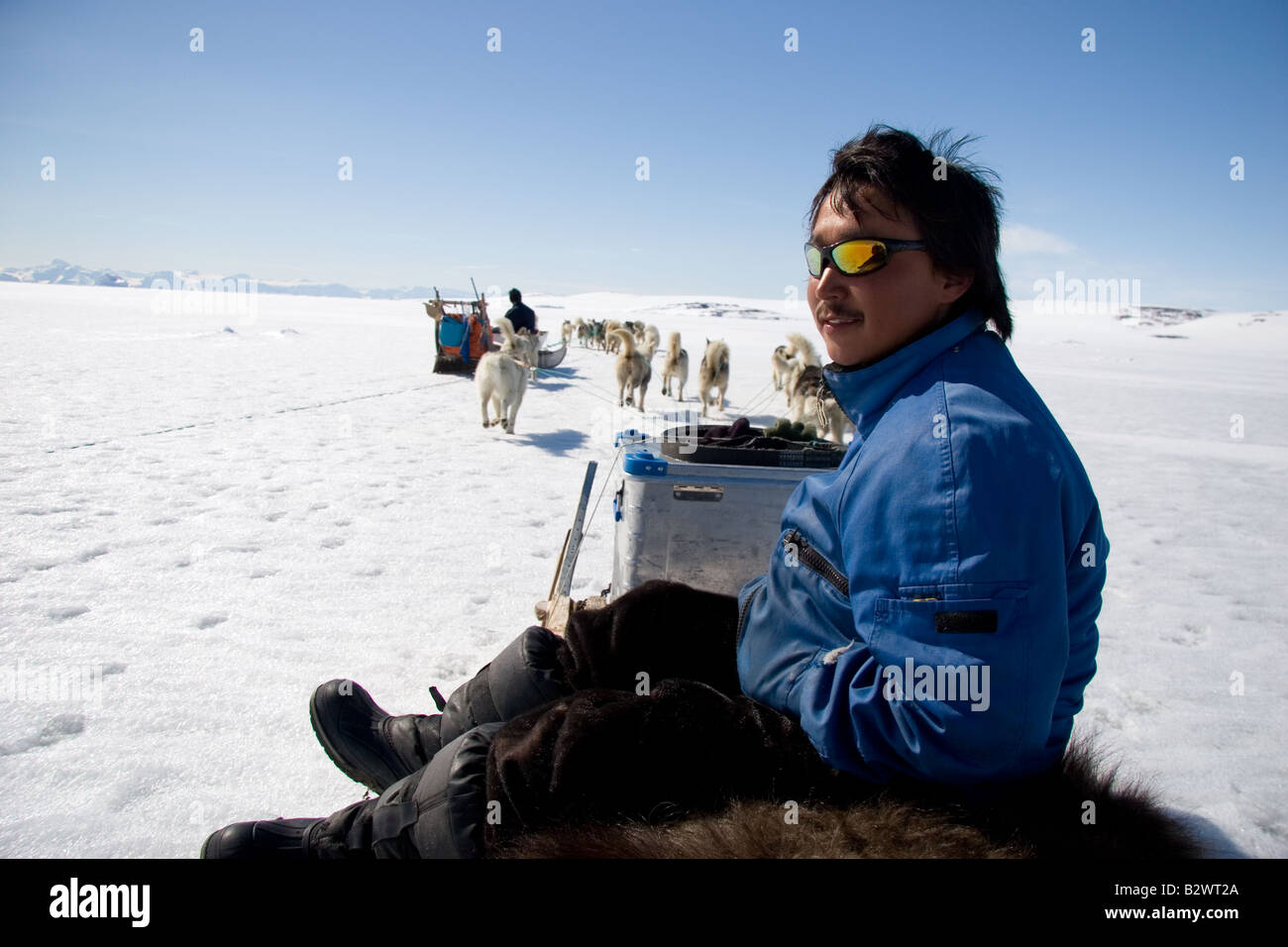 Inuit hunter mushing his husky dog sled team across the ice near ...