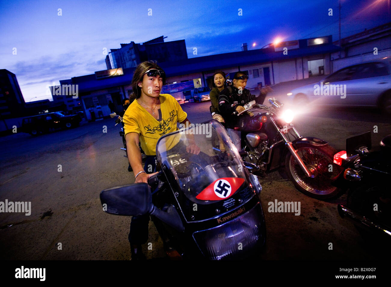 Motor cycle gang with swastika ancient buddhist sign in Ulaanbaatar ...
