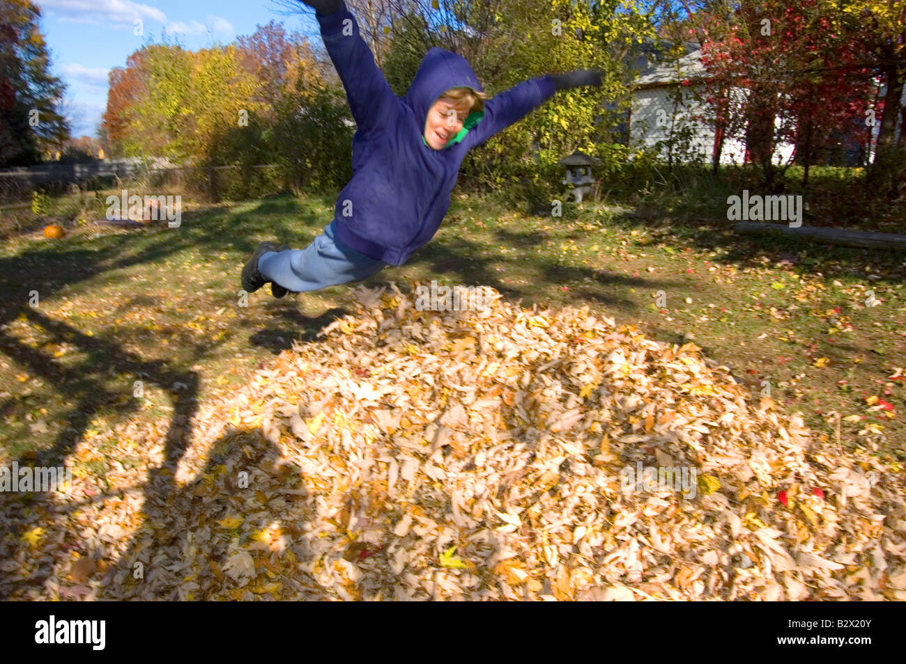 Kid Jumping Leaves Stock Photos & Kid Jumping Leaves Stock Images - Alamy