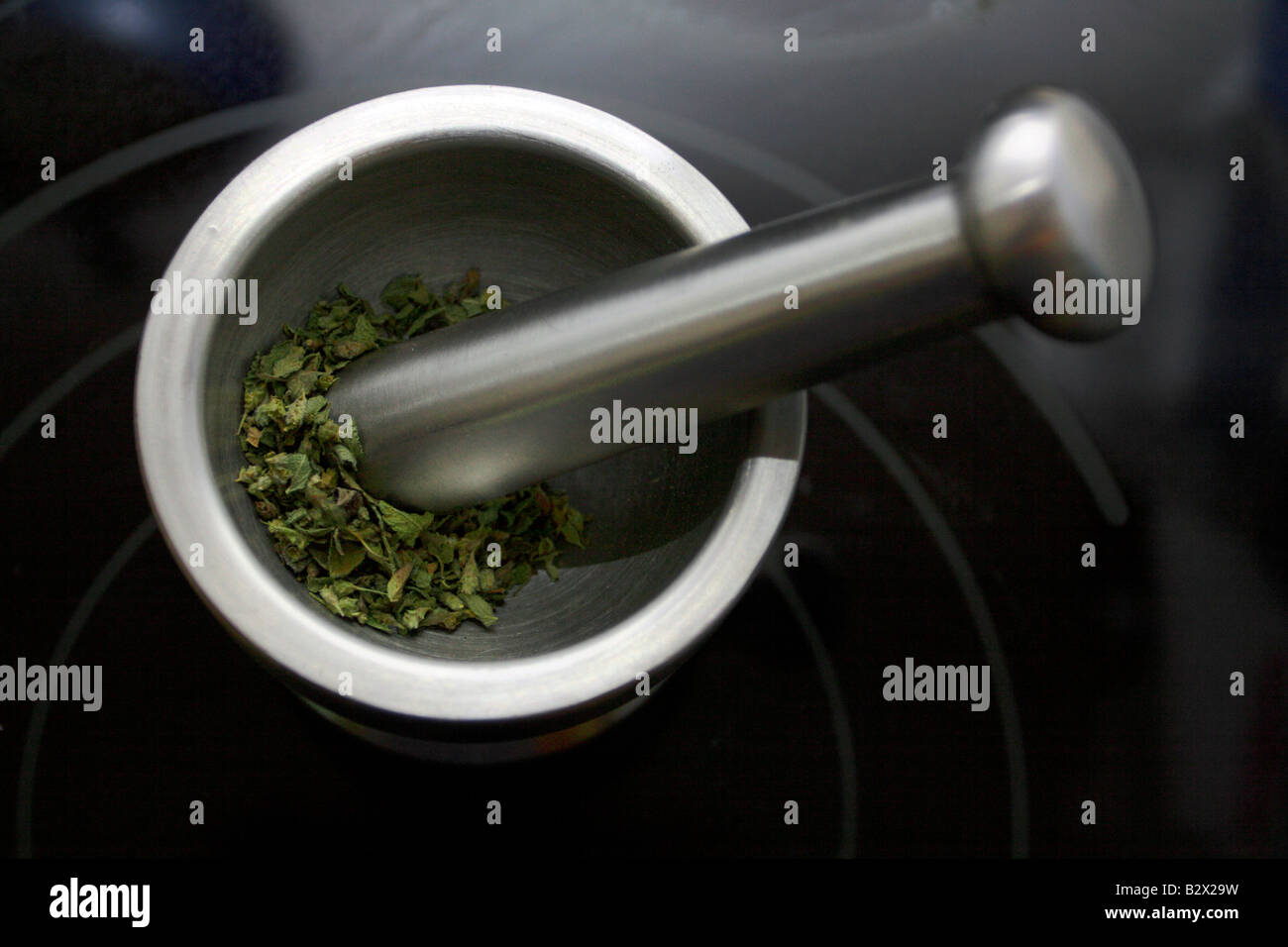 Stainless steel mortar and pestle combination with green dried herb ...