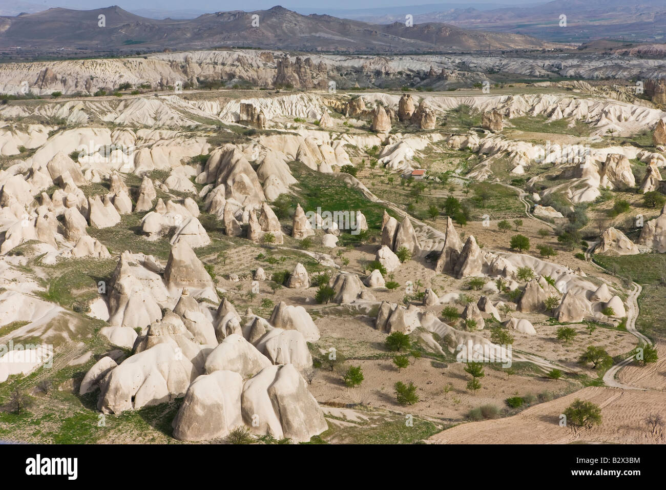 Aerial photograph of the Tufa rock formations and landscape near Goreme ...