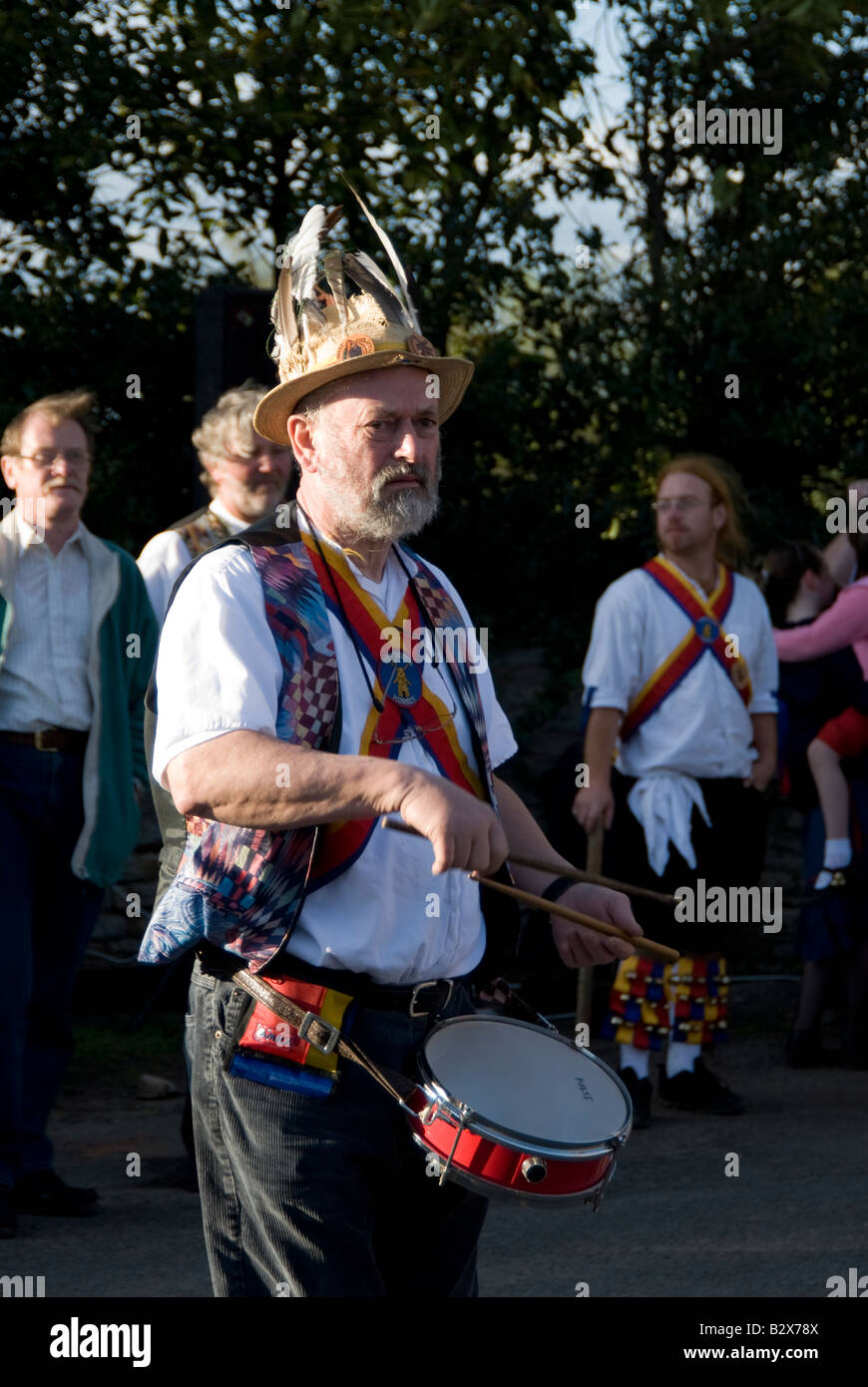 A drummer with Pebworth Morris dancers at Offenham Mayday celebrations ...