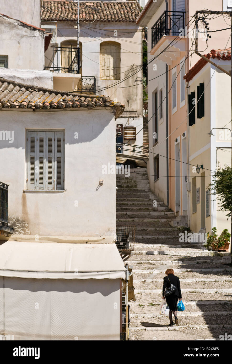 Old houses and steps in the town of Pylos Messinia Southern Peloponnese ...