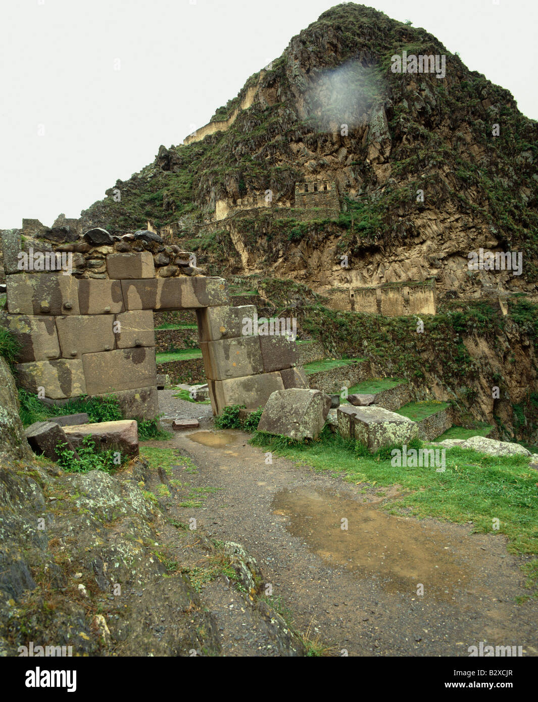 Inca ruin at Ollantaytambo with trapezoidal stone gateway Peru south ...