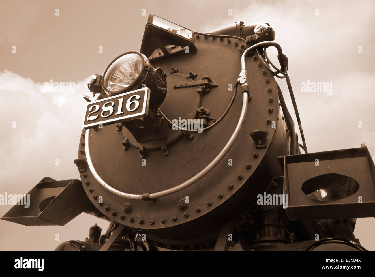 Looking up at the nose of #2816, a steam locomotive of the Canadian ...