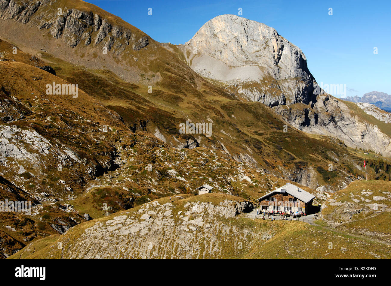 Alpine refuge Geltenhuette of the Swiss Alpine Club, peak Spitzhorn in ...