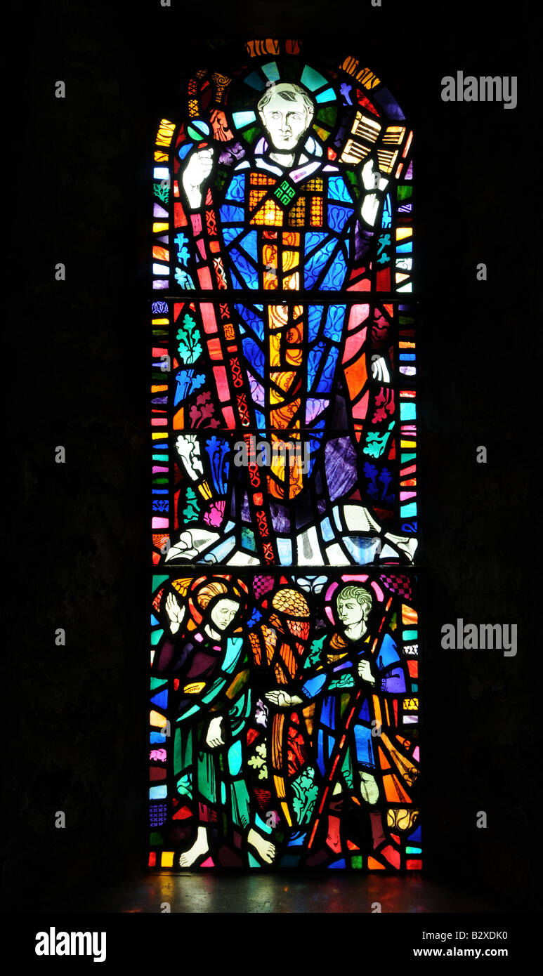 Stained glass window in St David's Church on the Island of Caldey South ...