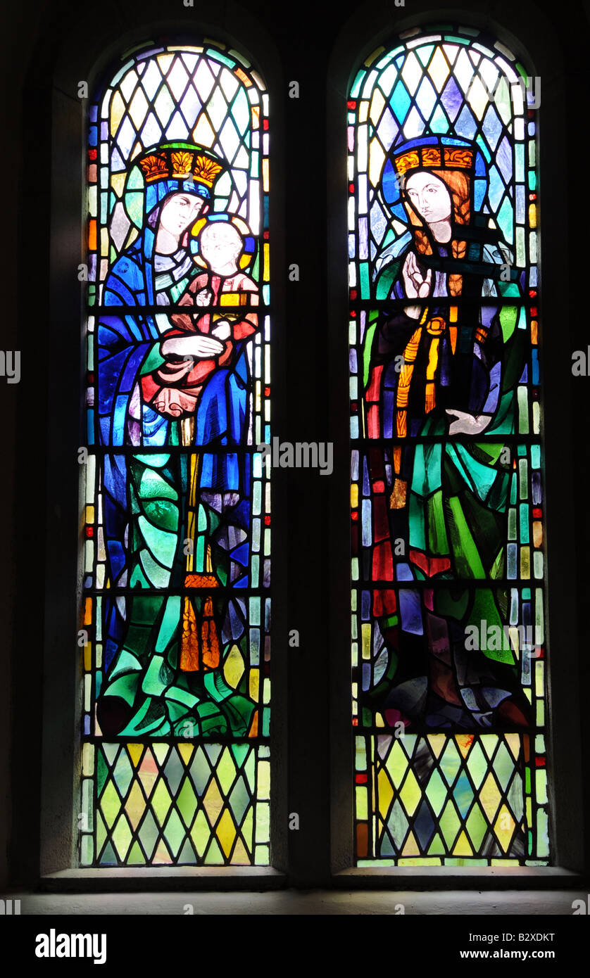 Stained glass window in St David's Church on the Island of Caldey South ...