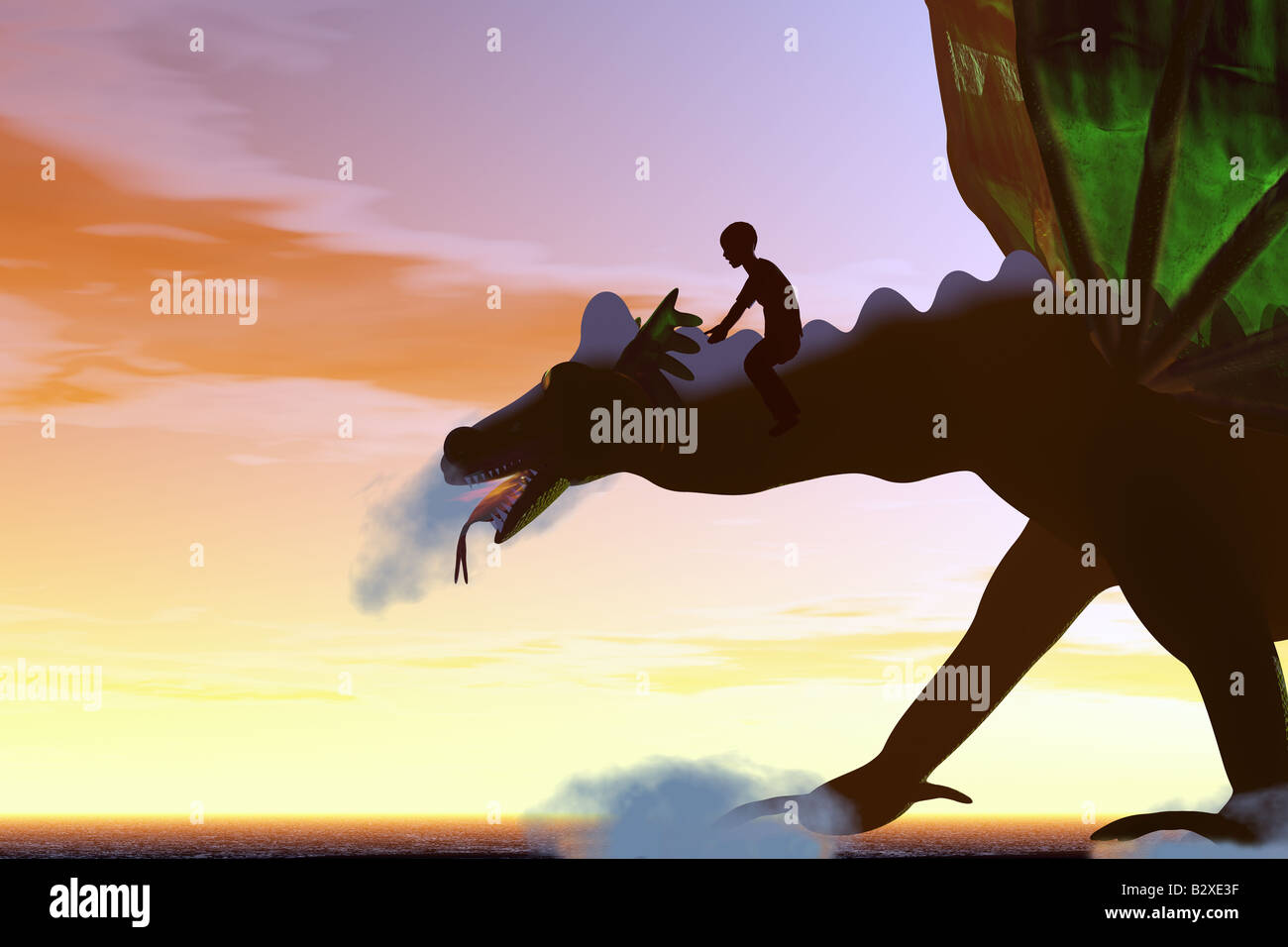 A childs fantasy world -- a boy riding his dragon Stock Photo - Alamy