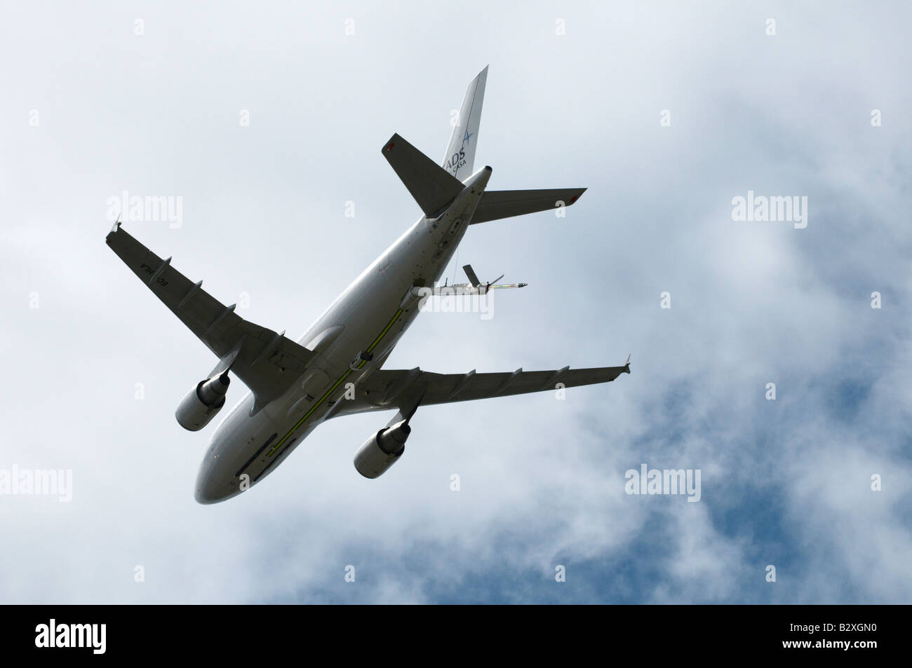 Airbus A310 EADS Air Refuelling tanker flying overhead with refuel-er ...