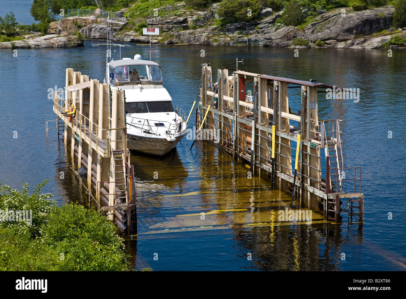 Marine railway boat carriage and motor launch at Big Chute, Ontario ...