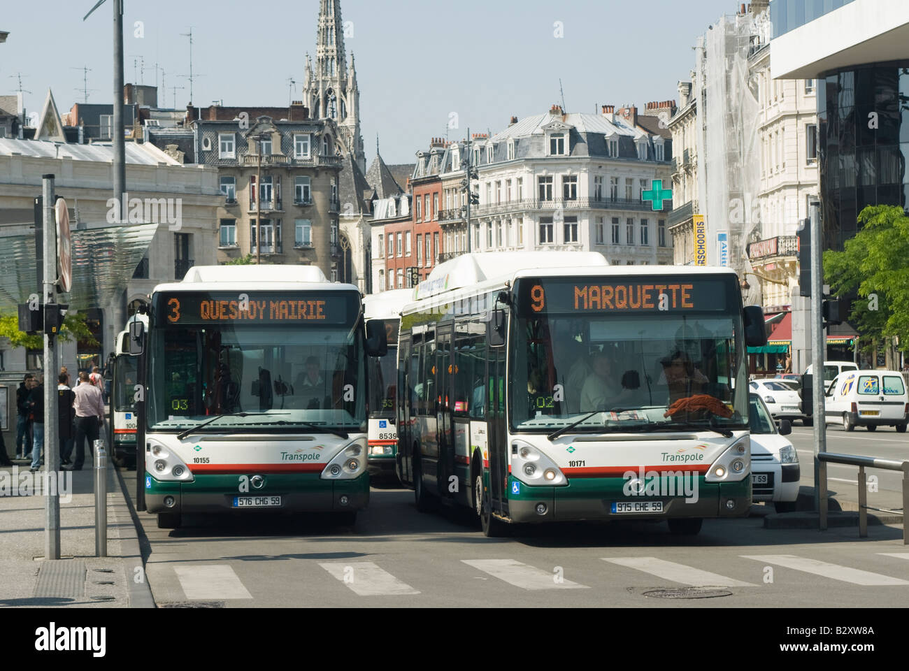 Natural gas powered buses at a bus station in the french city of Lille ...