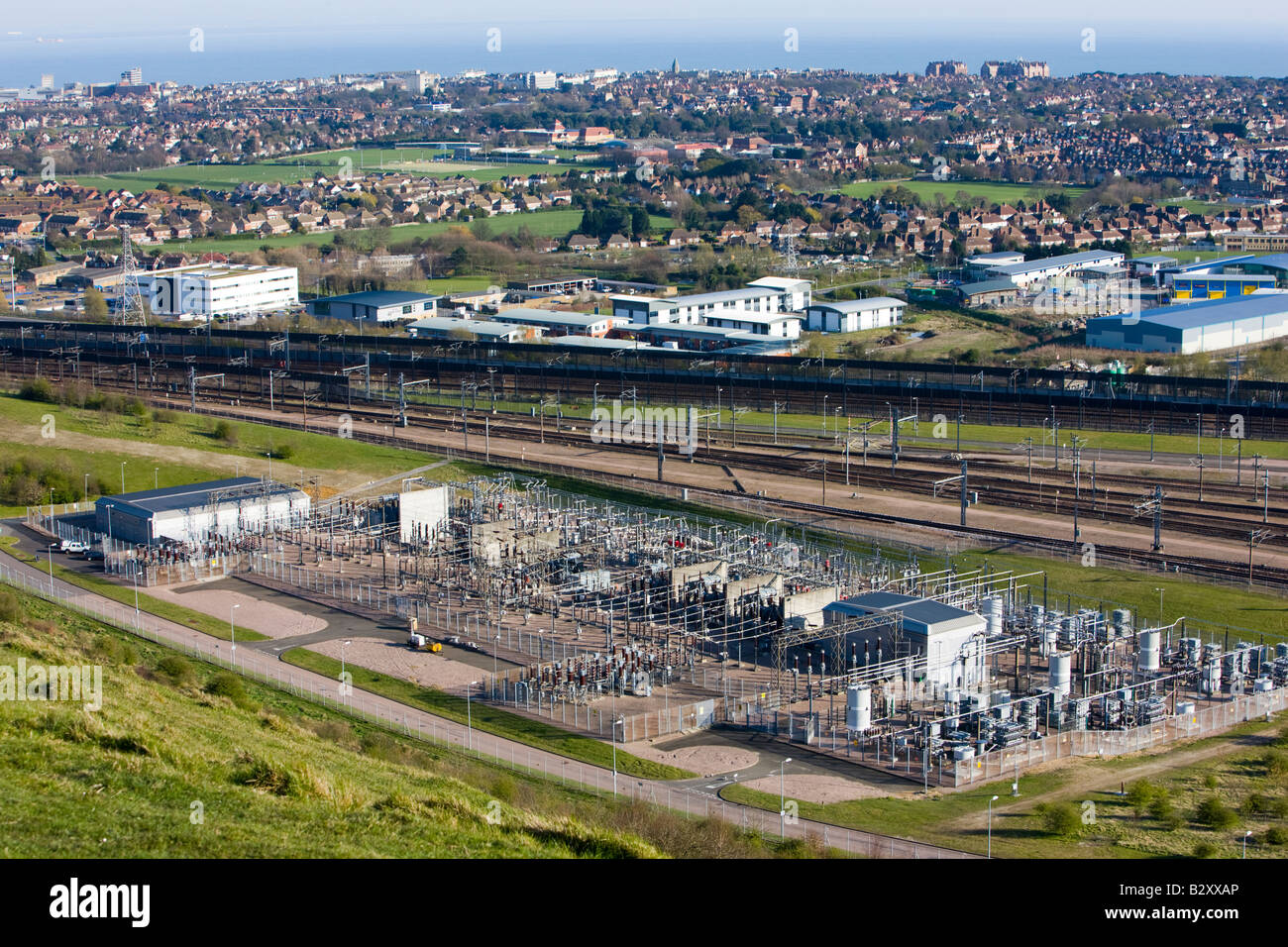 Panoramic view over the Channel Tunnel terminal in Folkestone Kent ...