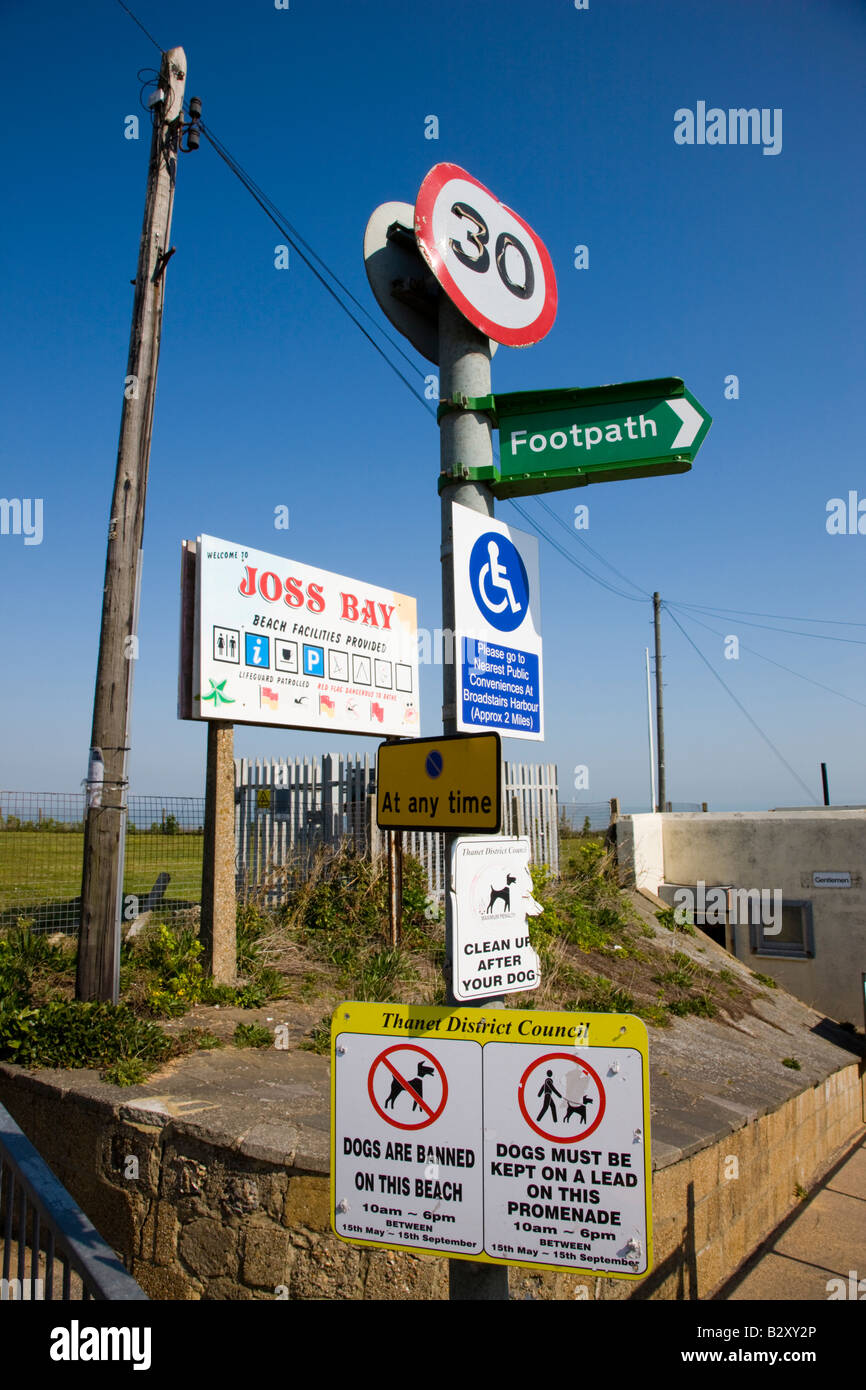 Large number of road signs and notices at Joss Bay in Kent Stock Photo ...