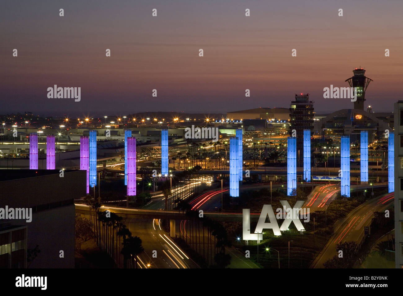 Aerial view of LAX Los Angeles International Airport at sunset with ...
