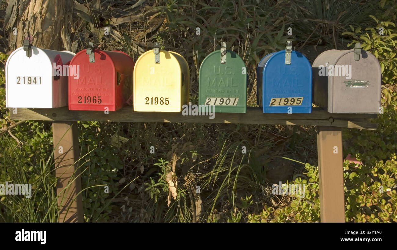Rainbow colored mail boxes lined up in Malibu, California Stock Photo ...